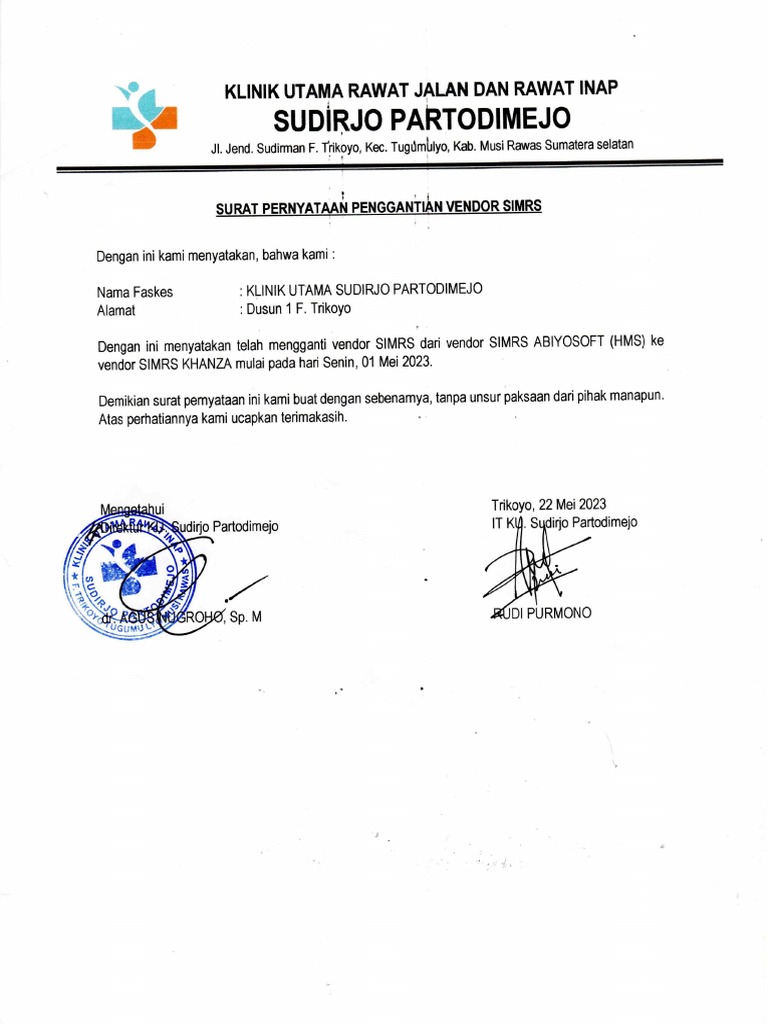Surat Pernyataan Ganti Vendor SIMRS | PDF