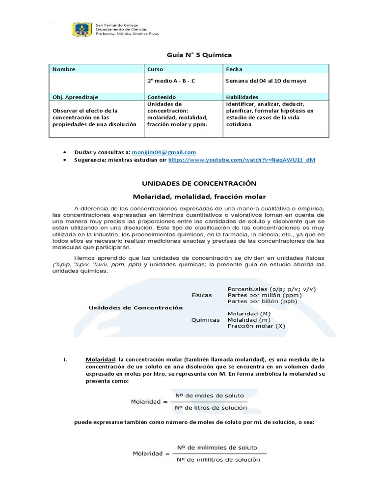 Guia-N°2-Química-2°Medio | PDF | Concentración | Sustancias químicas