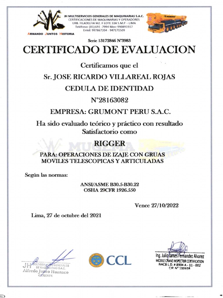 Certificado Rigger - Jose Ricardo Villarreal R. | PDF