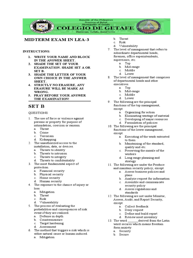 Midterm Exam in Lea-3 Set B | PDF | Computer Security | Security