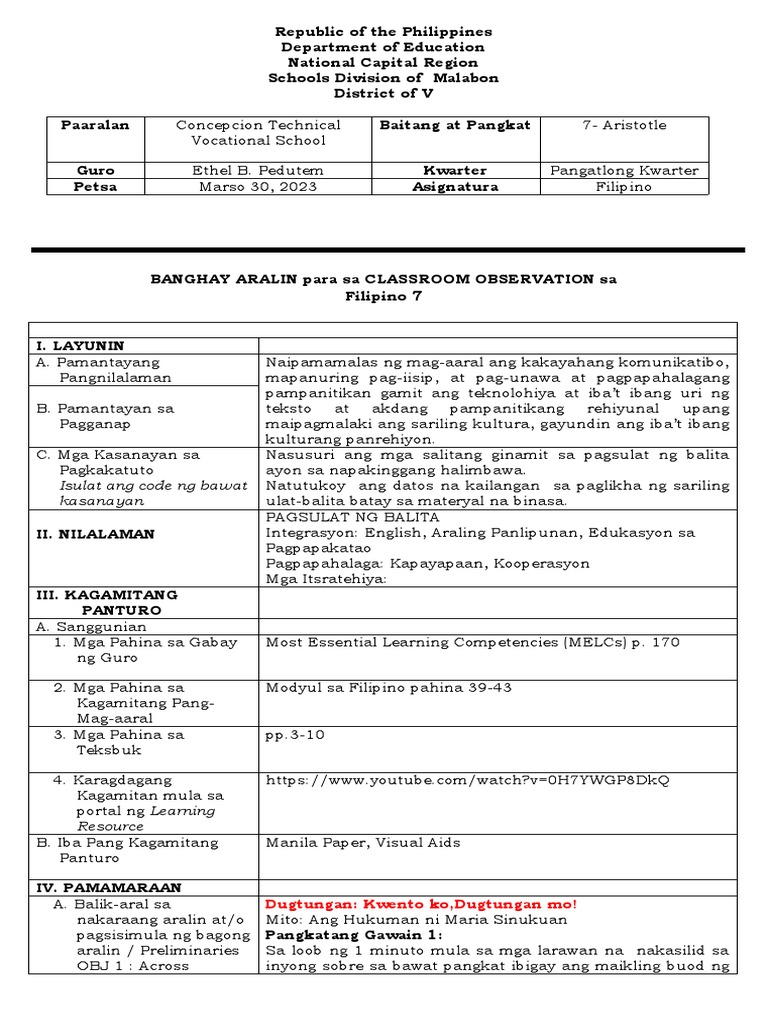 COT1_Pagsulat Ng Balita_ SY2022-2024 | PDF | Differentiated Instruction ...