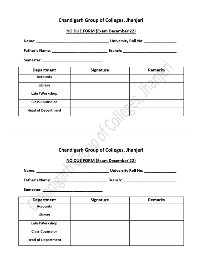 No Dues Format For Admit Card | PDF