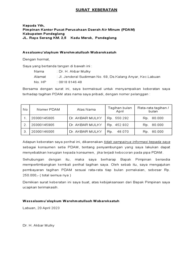 SURAT KEBERATAN Pdam | PDF | Kesehatan Holistik