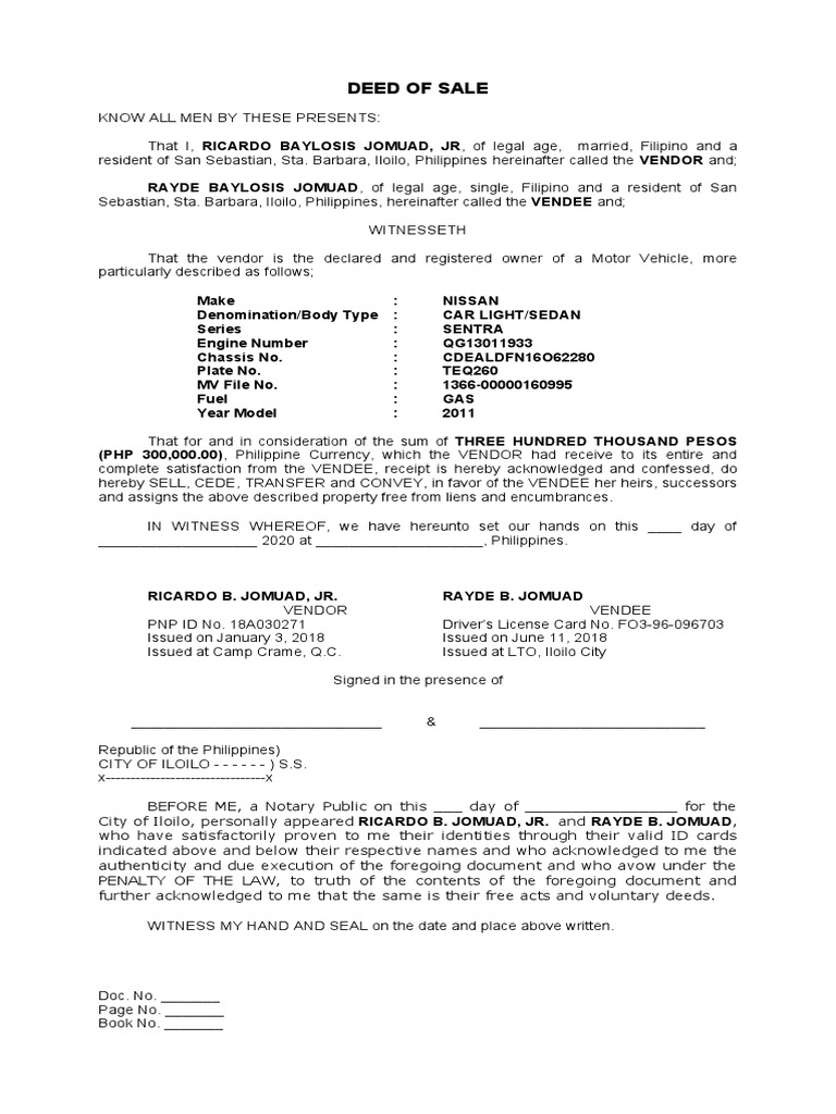 Deed of Sale Motor Vehicle Nissan Suv | PDF | Car | Transport