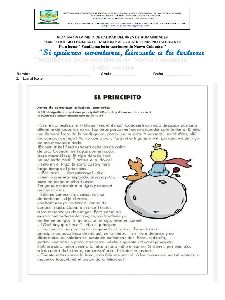 Taller Escrito - El Principito - Plan Lector 25 de Abril 2023 | PDF