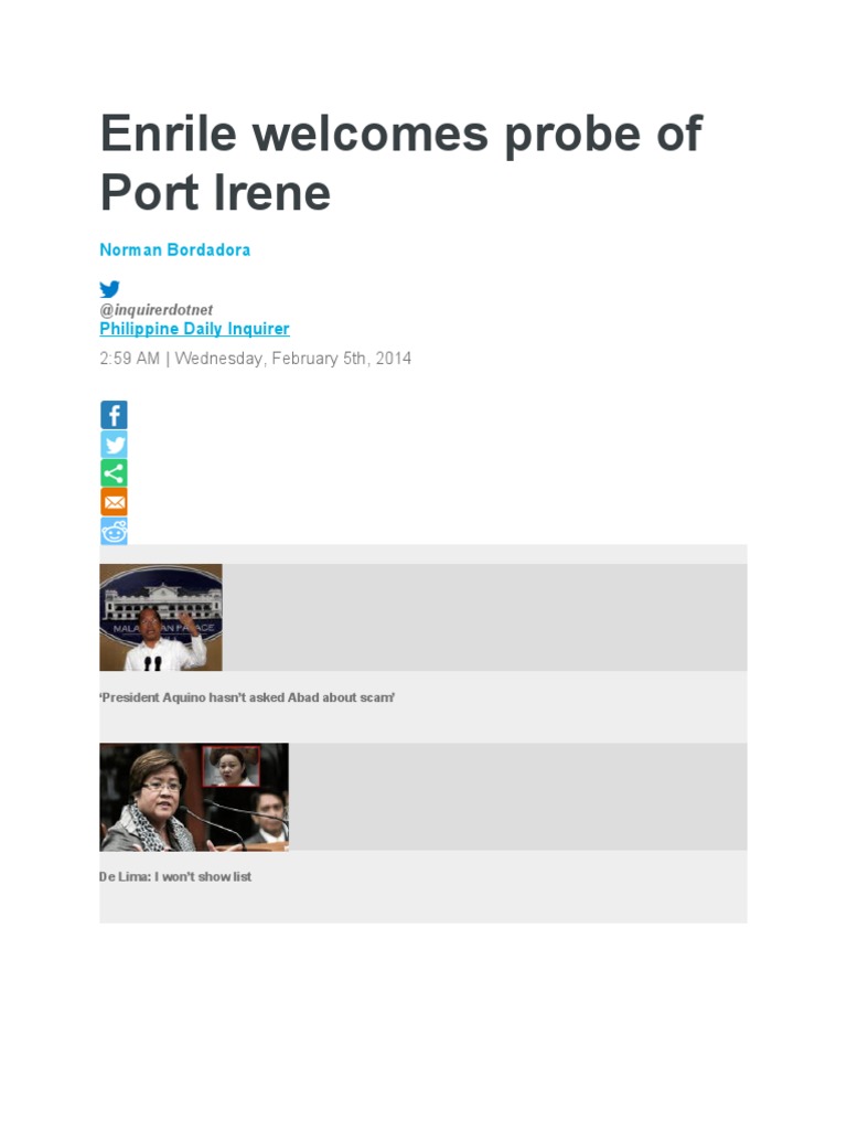 Enrile Welcomes Probe of Port Irene | PDF | Juan Ponce Enrile