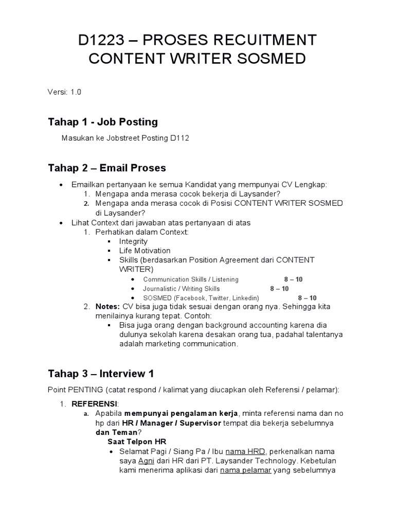 D113 v1.0 - PROCESS RECRUITMENT Content Writer Sosmed | PDF