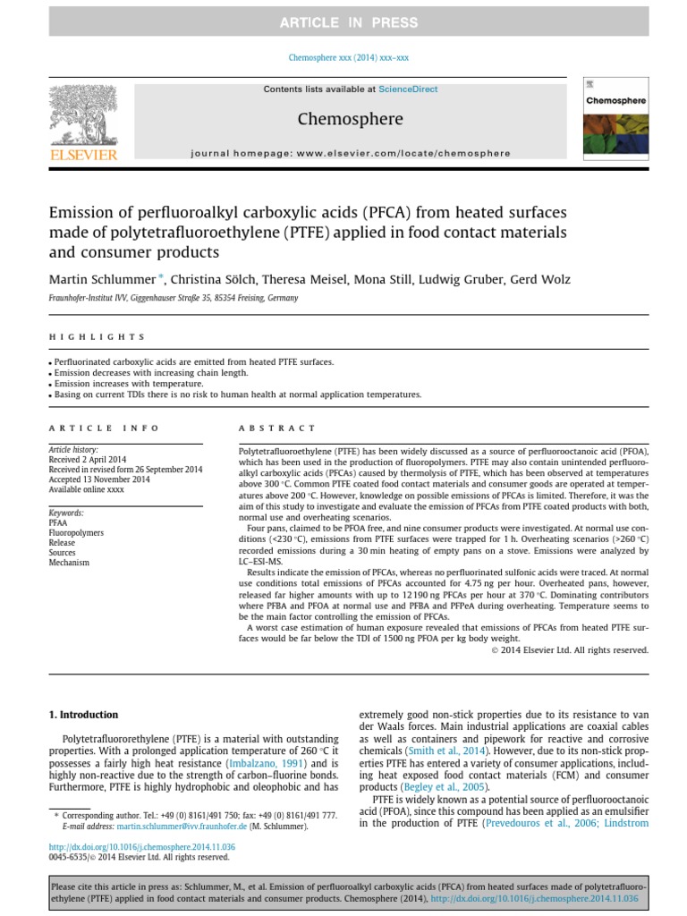 Emission of PFCA from heated surfaces made of PTFE | PDF | Cookware And ...