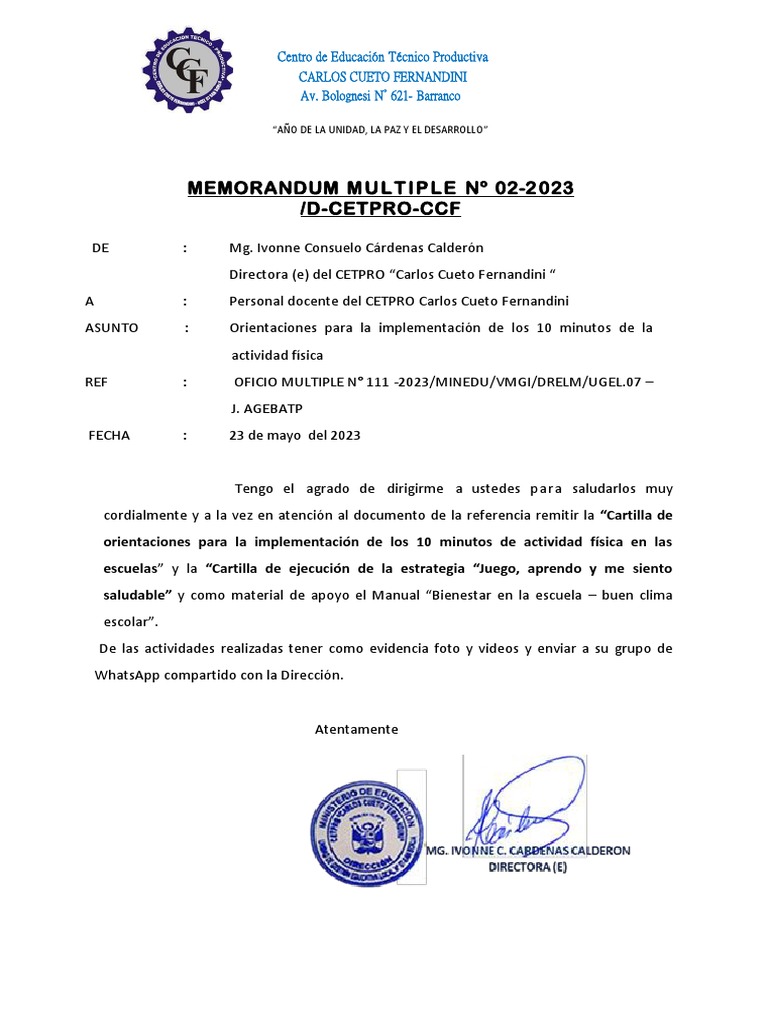 Memorandum Multiple #02 - 2023 Implementación de 10 Minutos de Actividad Fisica | PDF