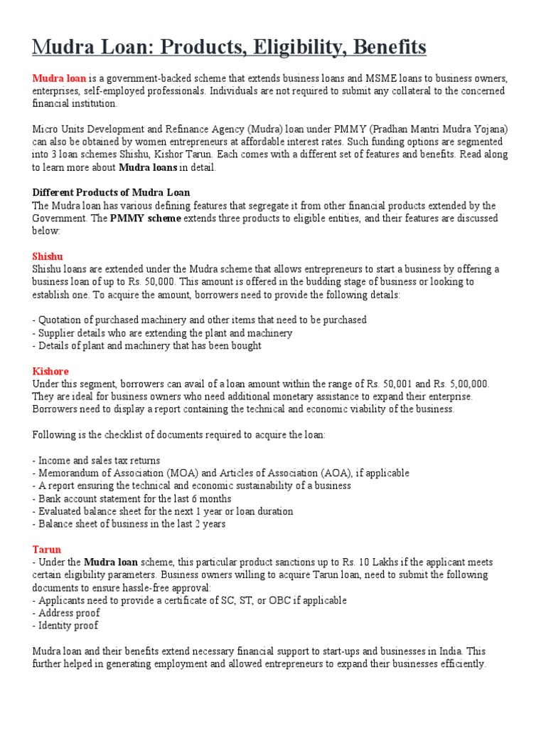 Mudra Loan - Products, Eligibility, Benefits | PDF | Loans | Credit