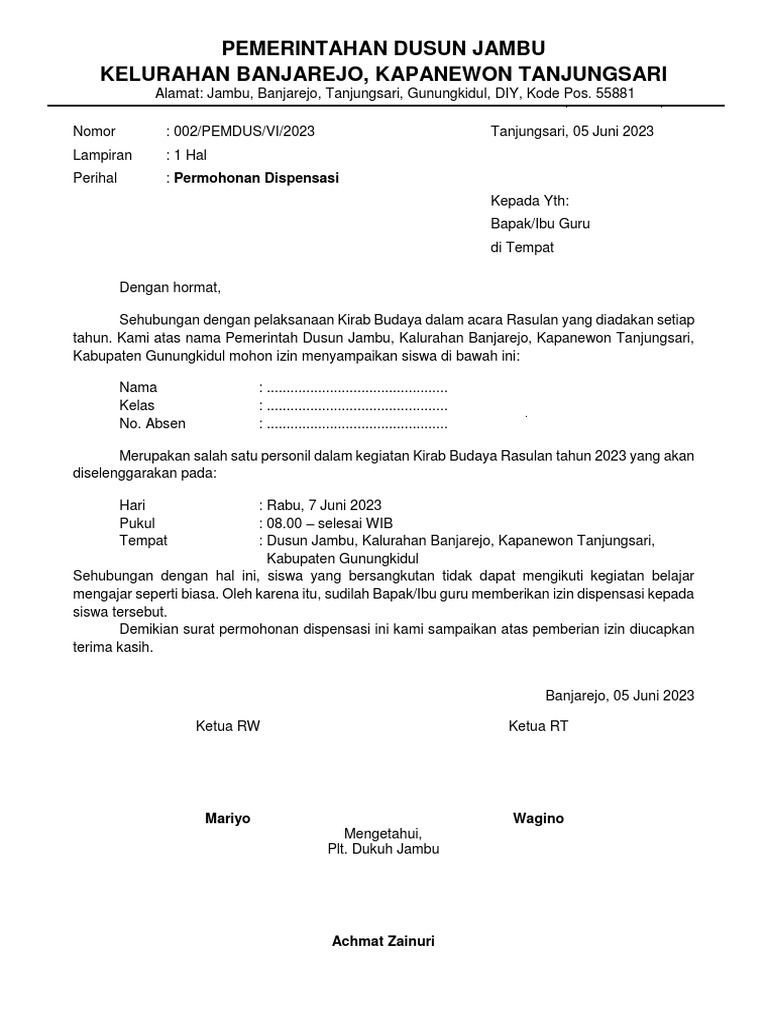 Permohonan Dispensasi Siswa | PDF