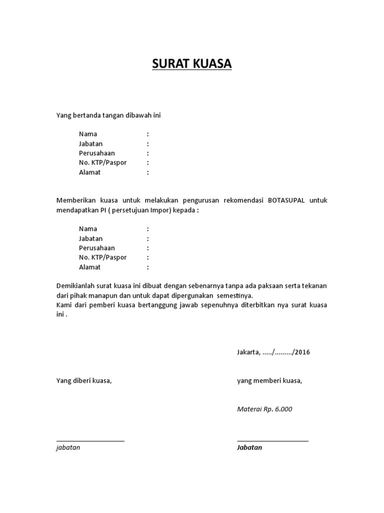 Contoh Surat Kuasa Pengurusan Rekom Botasupal - Rev 13.03.2016 | PDF