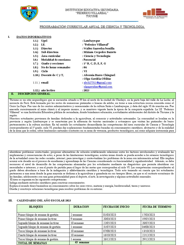 Programacion Anual - Cyt - Primero | Descargar gratis PDF | Evaluación | Aprendizaje