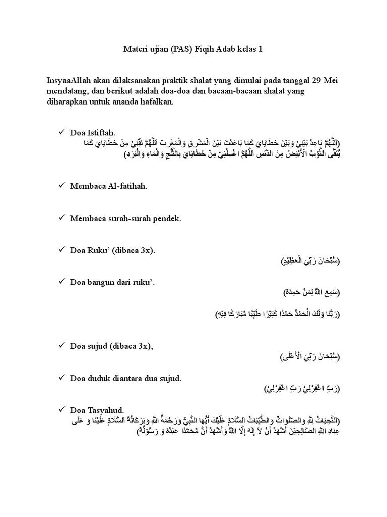 Materi Ujian (PAS) Fiqih Adab Kelas 1 | PDF