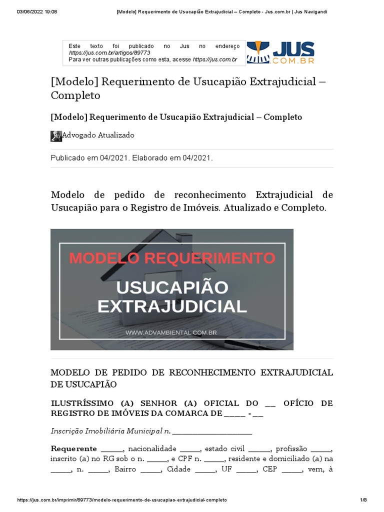 (Modelo) Requerimento de Usucapião Extrajudicial - Completo - Jus - Com ...