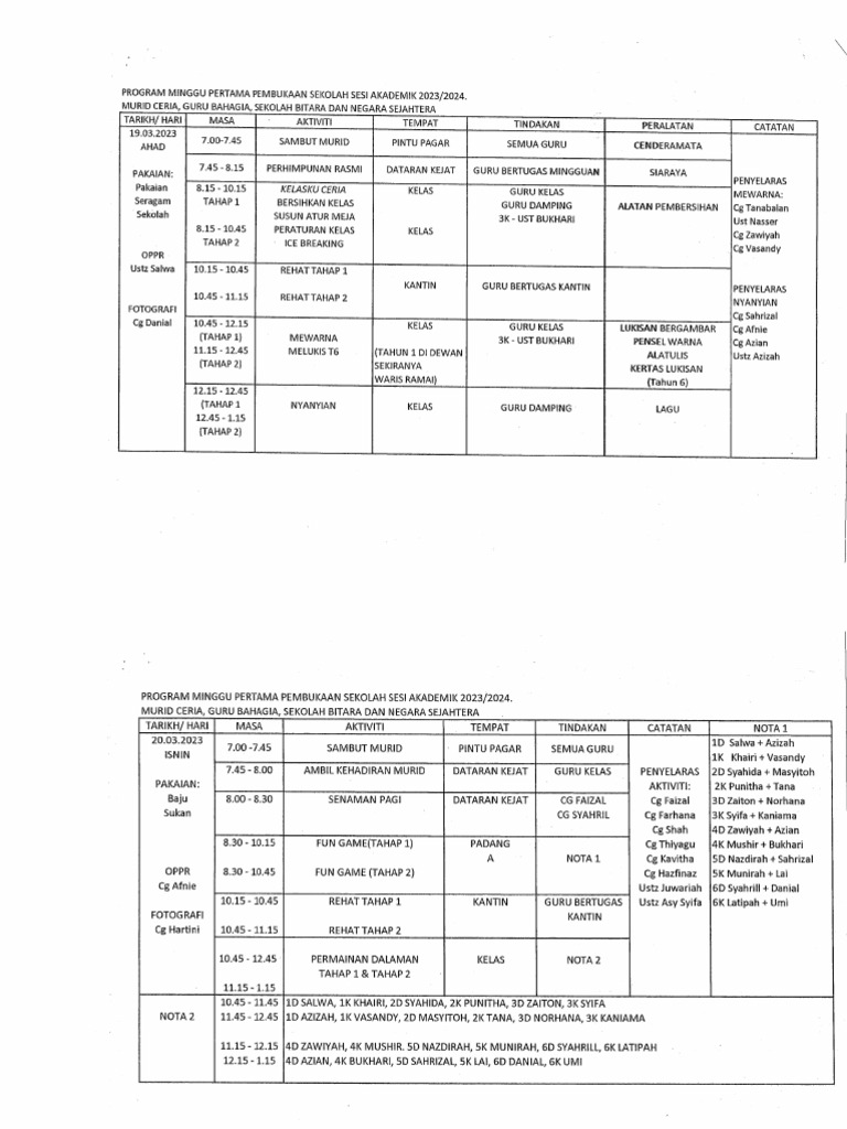 Program Minggu Pertama Persekolahan Sesi 2023 2024 | PDF