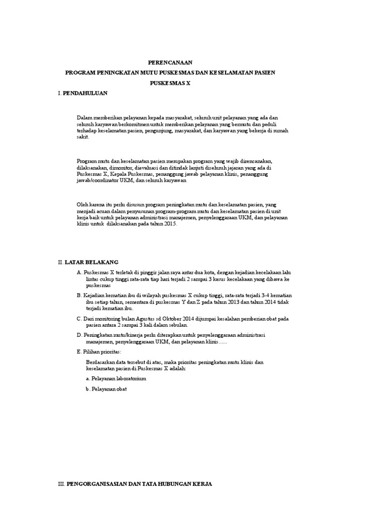 Contoh Program Peningkatan Mutu Puskesmas Dan Keselamatan Pasien 1 | PDF
