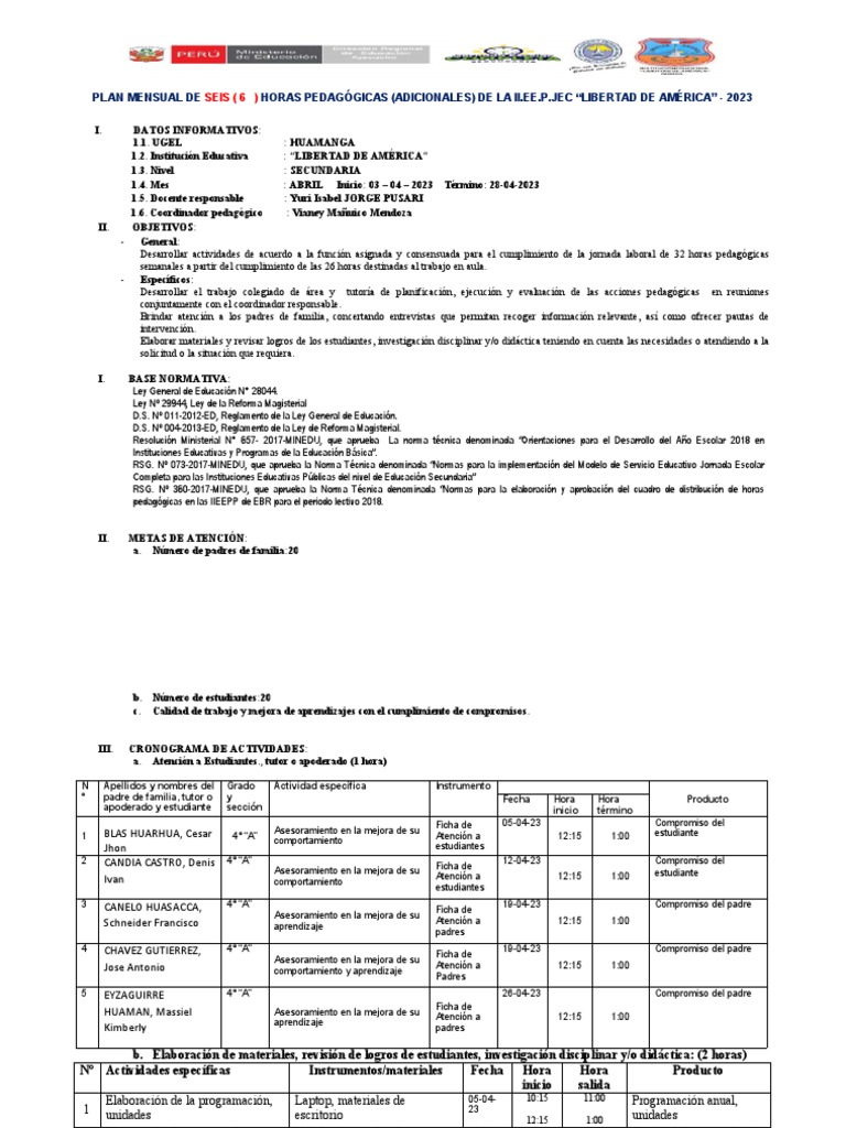 Plan Horas Adicionales Yuri Isabel Jorge Pusari | PDF | Aprendizaje