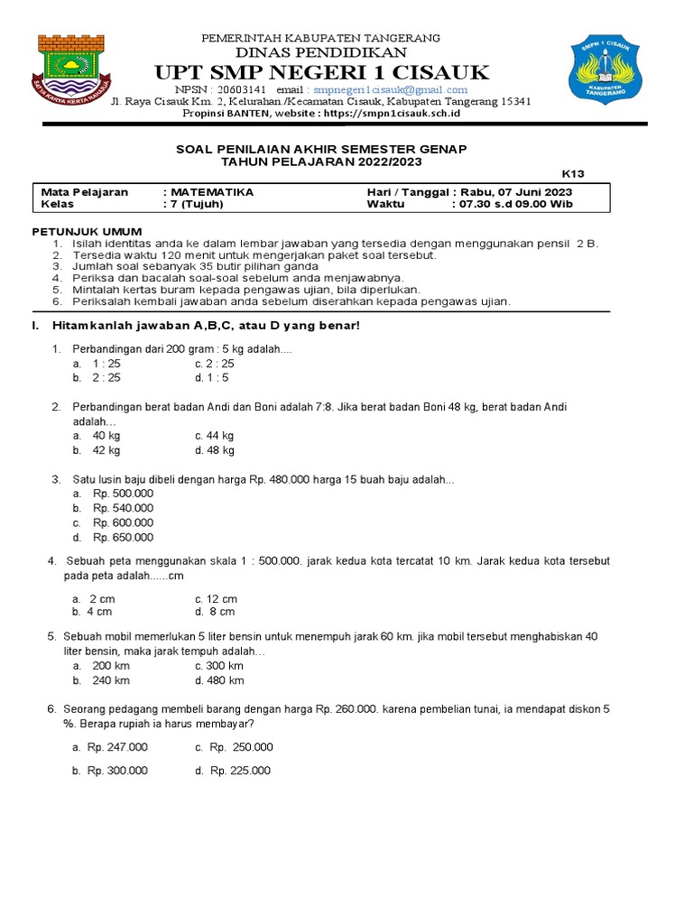 SOAL PAT MATEMATIKA KELAS 7 TAHUN 2023 | PDF