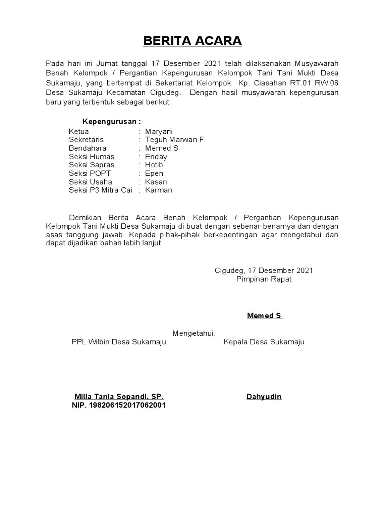 Berita Acara Benah Kelompok Tani Mukti | PDF