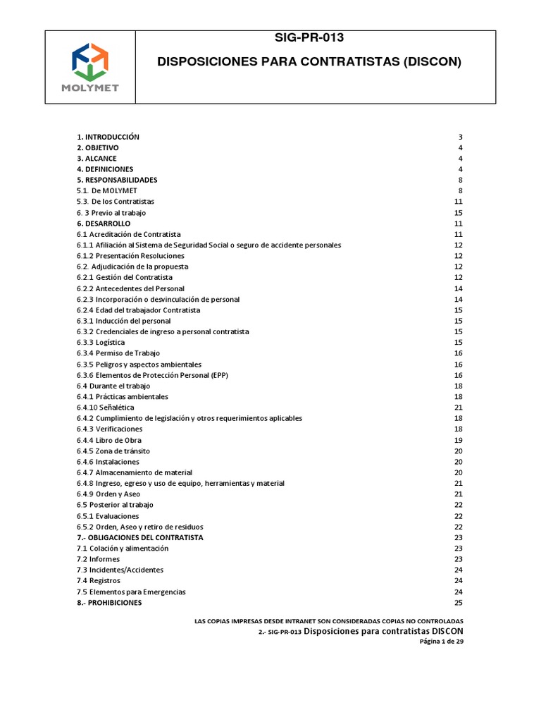 SIG-PR-013 Disposiciones para Contratistas DISCON | PDF | Seguridad y salud ocupacional ...