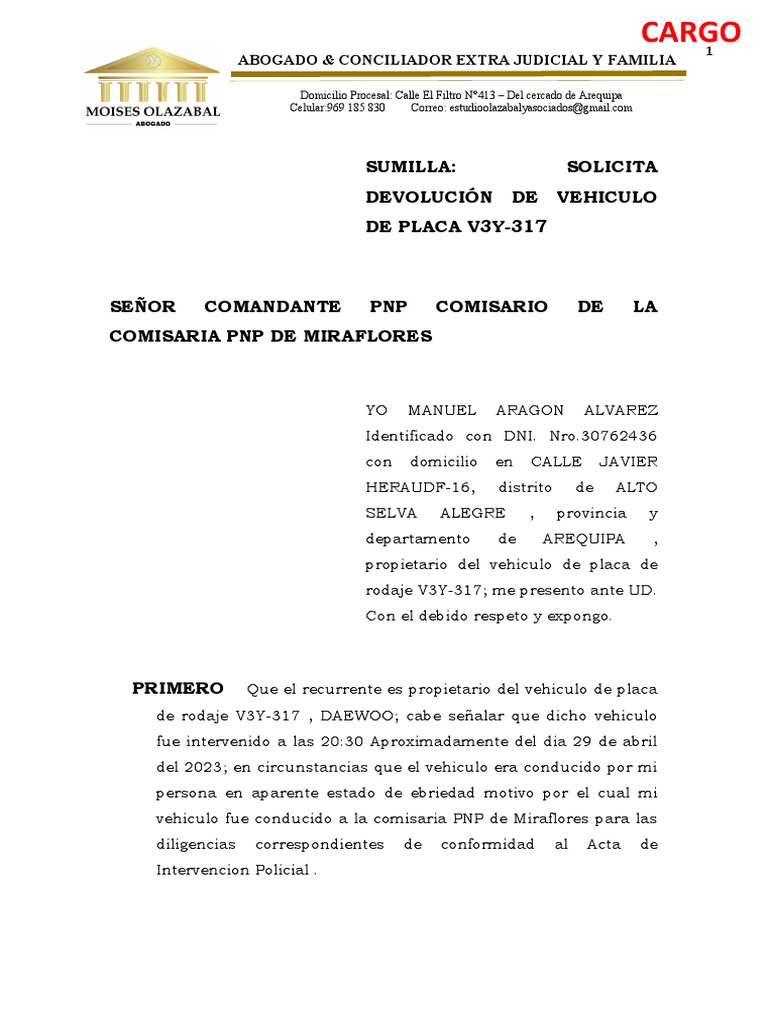 Solicita Devolucion de Vehiculo-Manuel Aragon Alvarez | PDF
