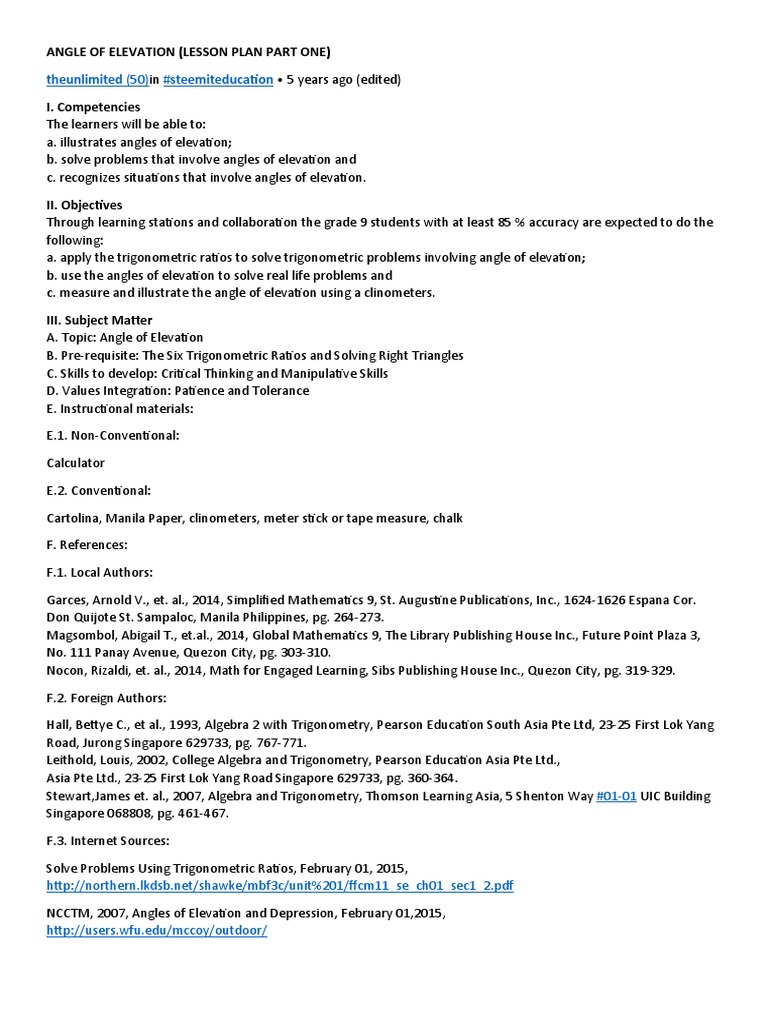 Angle of Elevation (Lesson Plan Part One) | PDF | Teaching Methods ...