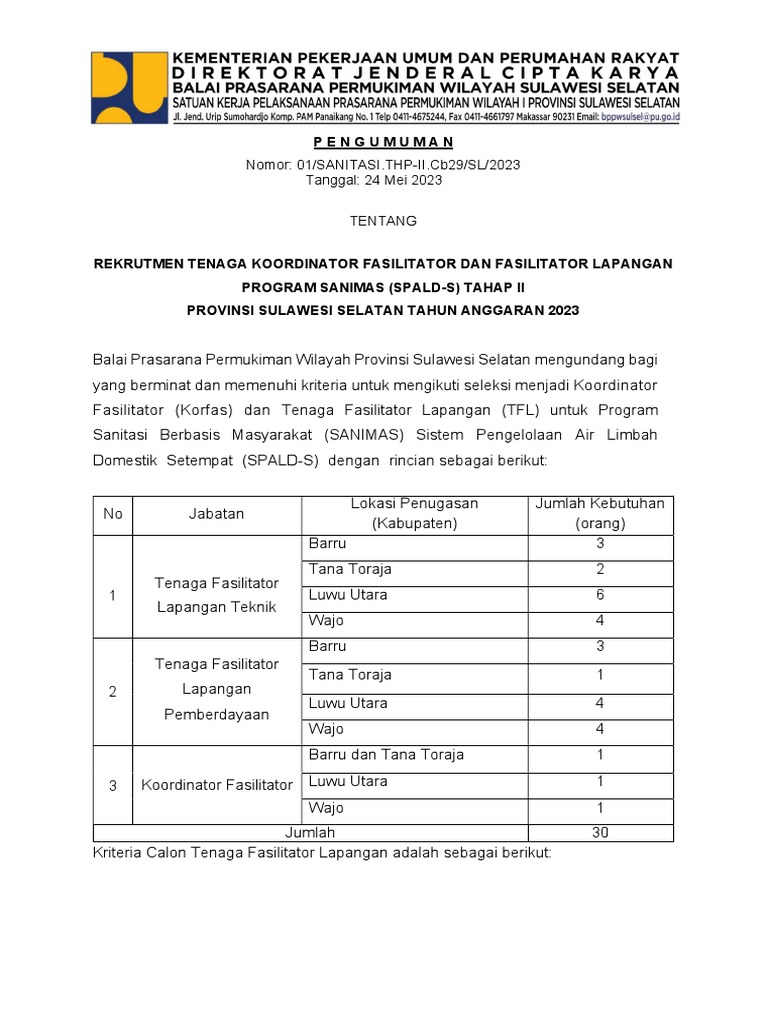 Pengumuman Rekrutmen Tahap 2 Sanitasi | PDF