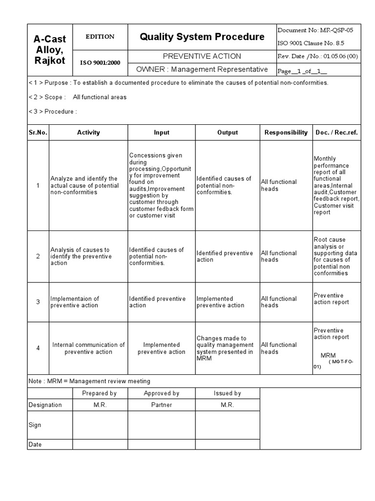 procedure for preventive action MR-QSP-05 | PDF