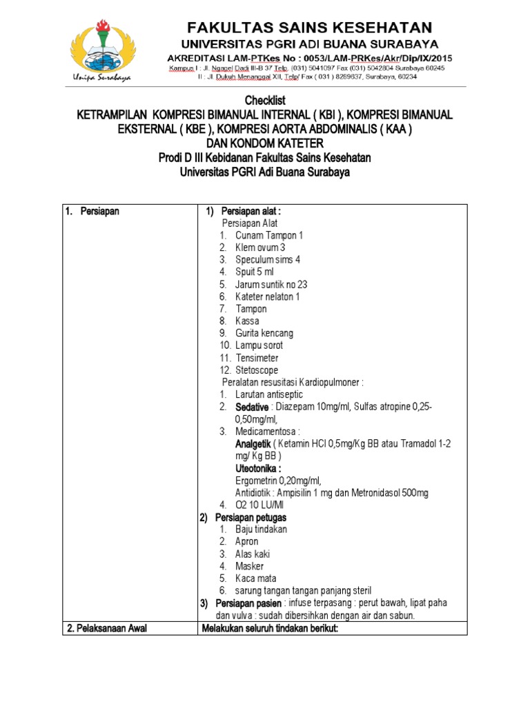 Checklist KBI, KBE, KAA, Tampon Kateter | PDF