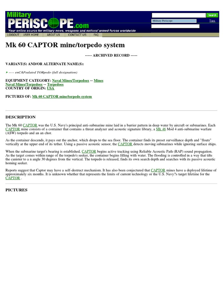 MK 60 CAPTOR Mine/torpedo System: Description | PDF