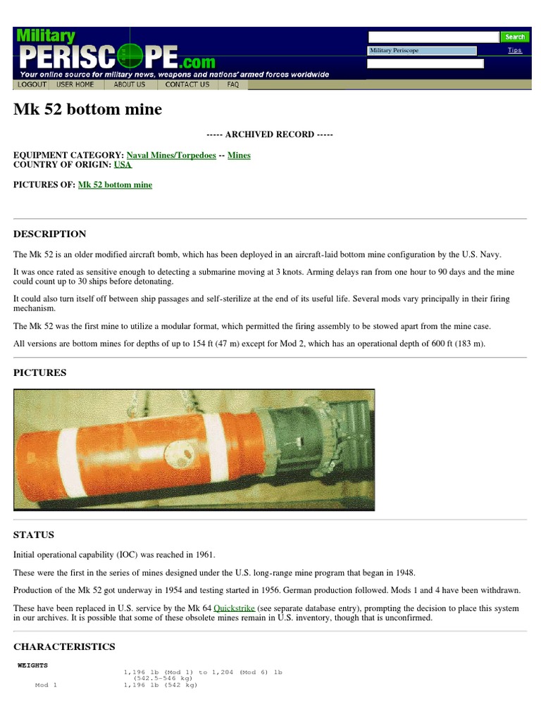 Naval Mines/Torpedoes Mines USA MK 52 Bottom Mine | PDF
