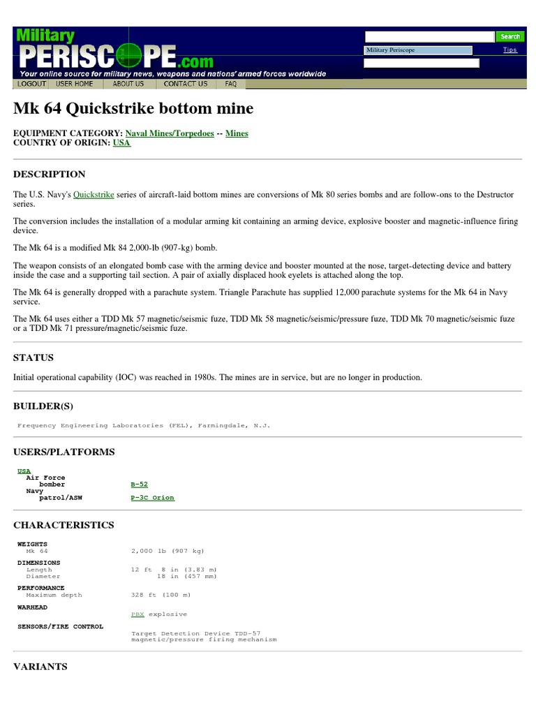 MK 64 Quickstrike Bottom Mine: Description | PDF | Naval Mine | Fuze