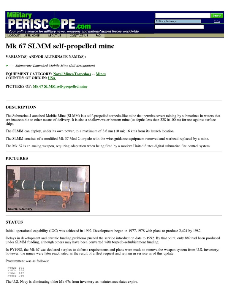 Naval Mines/Torpedoes Mines USA MK 67 SLMM Self-Propelled Mine | PDF ...