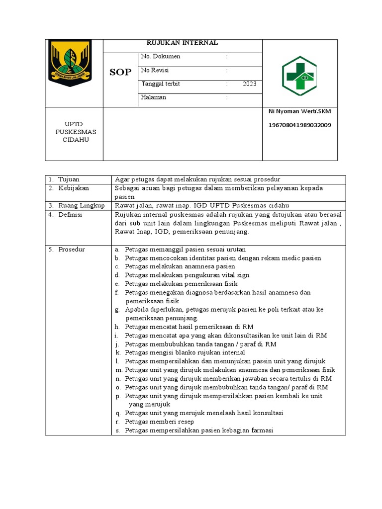 3.7.1.1 Sop Rujukan Internal 2023 | PDF