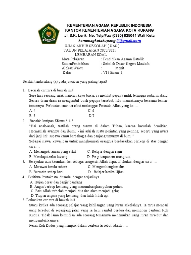 Soal Ujian Sekolah Kels Vi 2022 | PDF