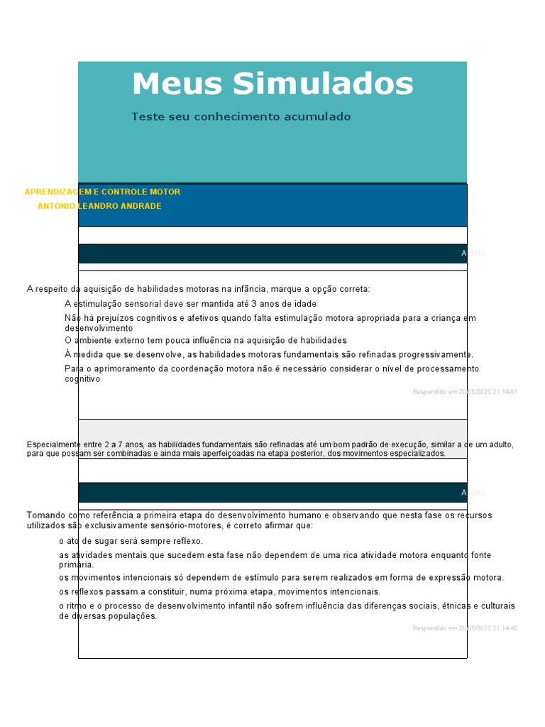 Meus Simulados Aprendizagem e Controle Motor | PDF