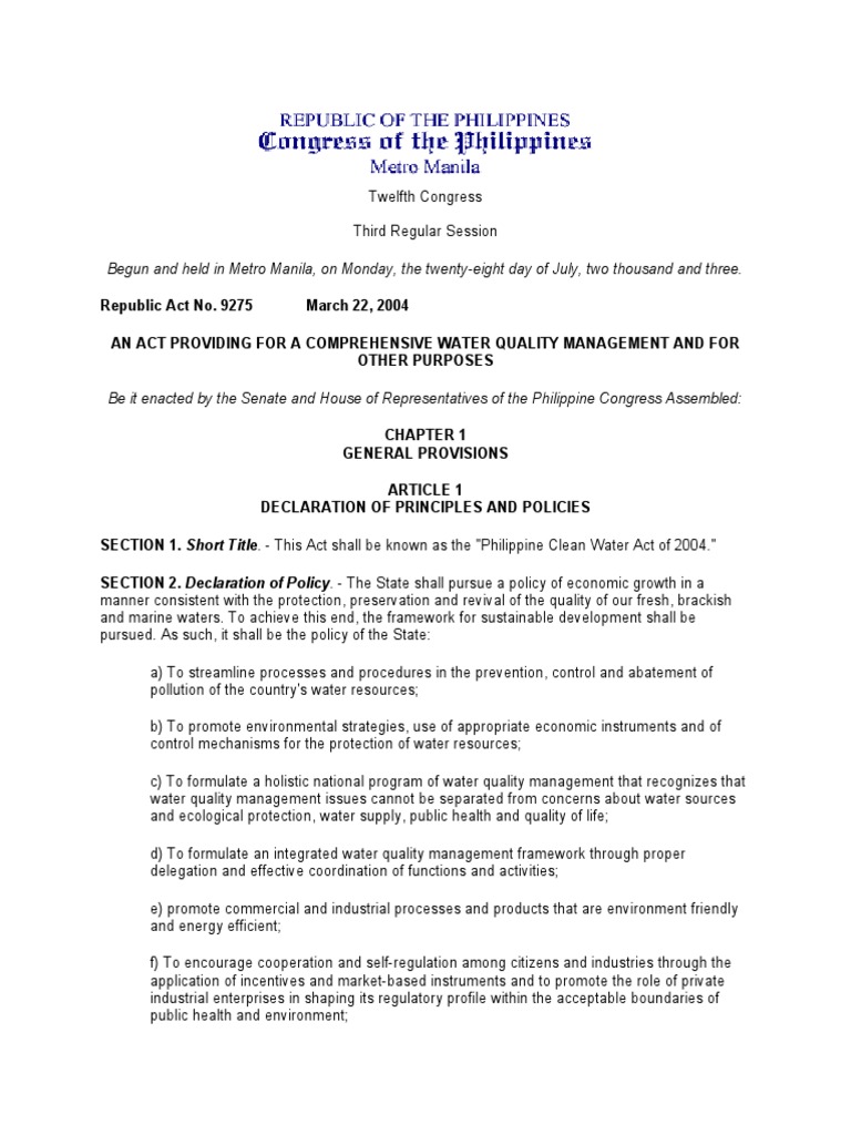 Ra 9275 | PDF | Groundwater | Water Pollution