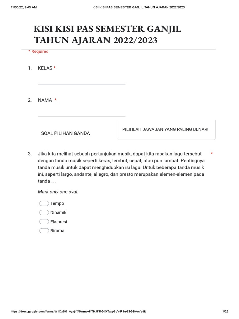 Kisi-kisi PAS Musik 2022/2023 Ganjil | PDF