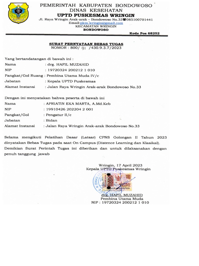Surat Bebas Tugas Pdf