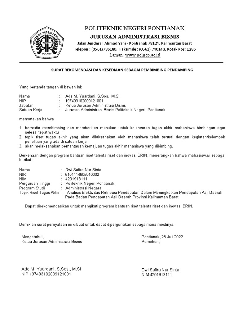 Rekomendasi Pembimbing Tugas Akhir Polnep | PDF