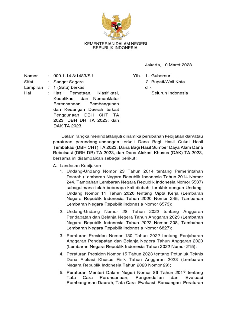 Surat Menteri Dalam Negeri Nomor 900.1.14.3/1483/SJ | PDF