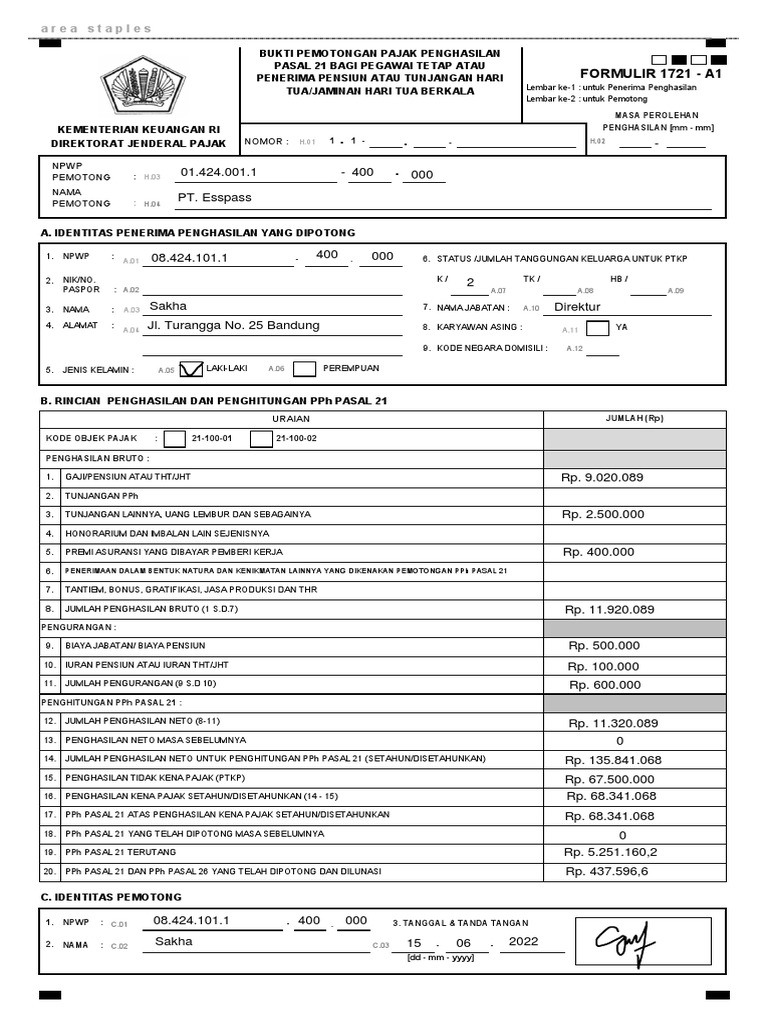 14 Bukti Potong PPH Pasal 21 1721 A11 | PDF