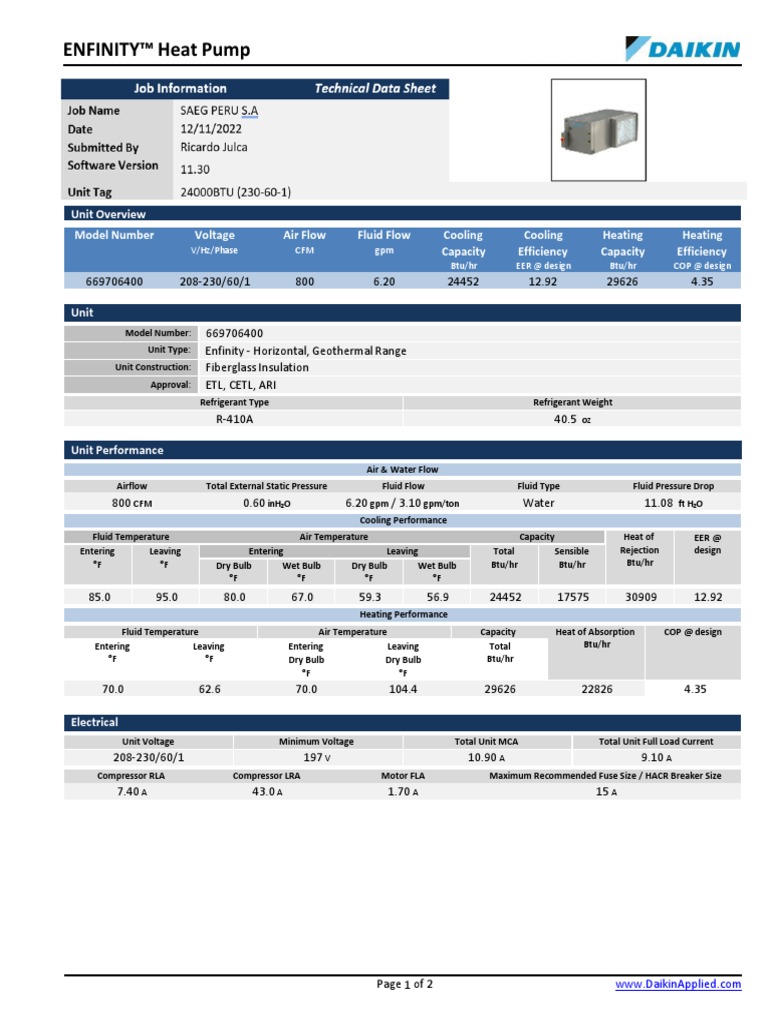 Ficha Técnica.-Unidad Paquete DAIKIN WSHP 24000BTU | PDF