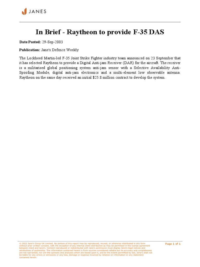 In Brief - Raytheon To Provide F-35 DAS | PDF
