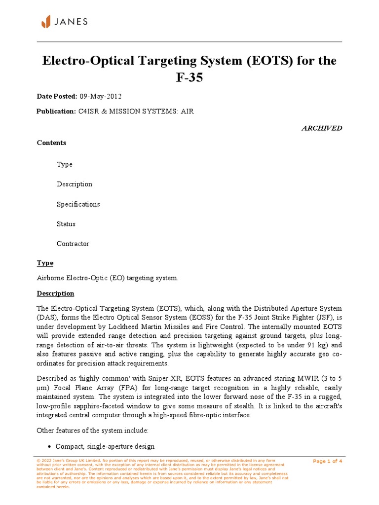 Electro-Optical Targeting System (EOTS) For The F-35 | PDF