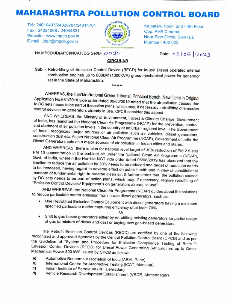 MPCB Diesel Generator Set DG Set Circular 02-06-2023 | PDF