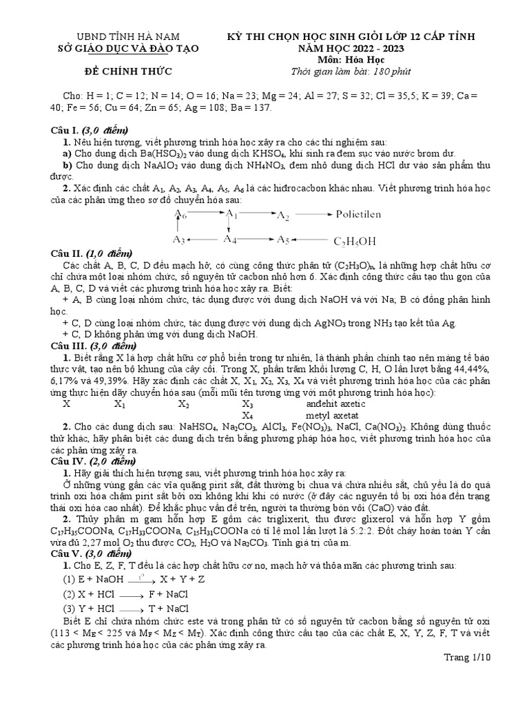 HSG 12 Hà Nam 2022-2023 | PDF