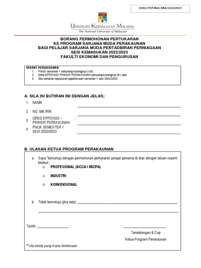 Borang Permohonan Pertukaran Ke Program Perakaunansesi 20222023 | PDF