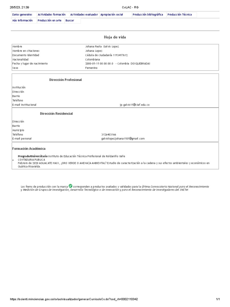 Cvlac - RG - Johana Galvis | PDF